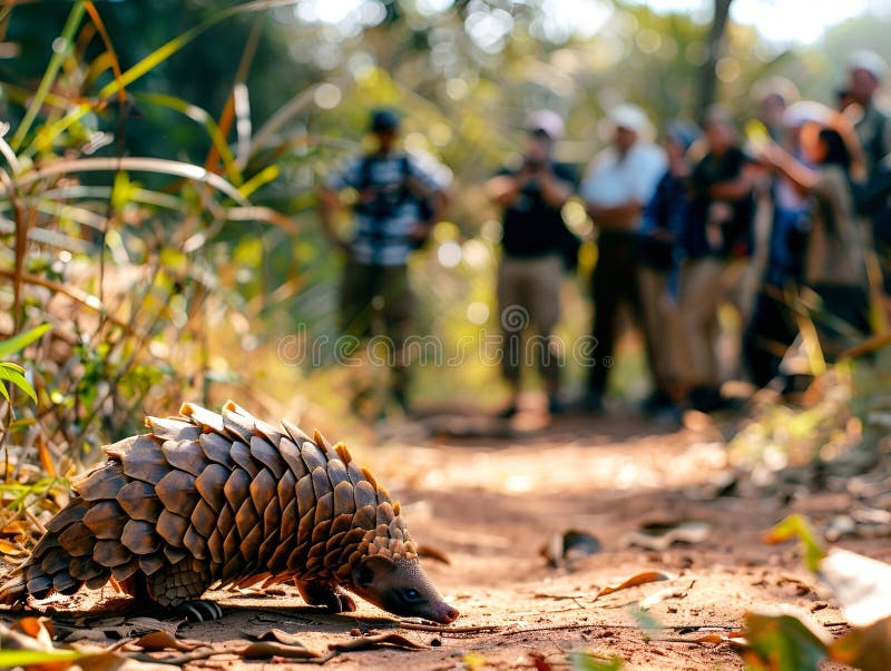 Pangolin Walking on a Forest Path with a Group of People Observing in ...