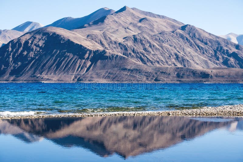 Pangong Lake with Mountains View and Blue Sky Background Stock Image ...