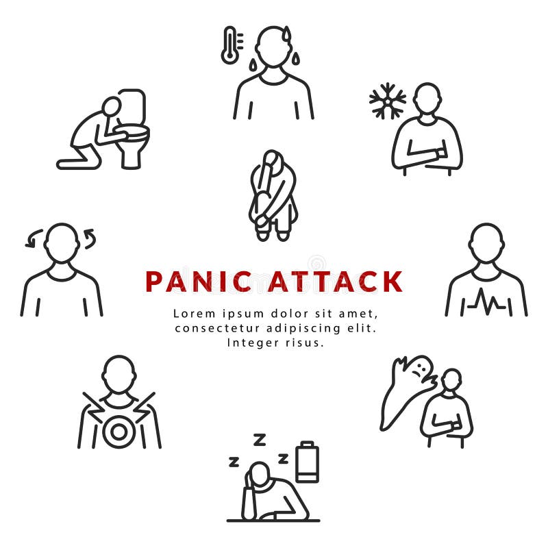 Panic Attack Symptoms Flat Line Icon Set Blue Color. Vector Illustration Psychological Illness ...
