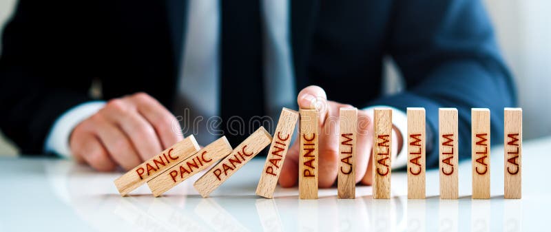 Panic Calm Concept. Hand Stops Falling Blocks with the Word Panic and ...