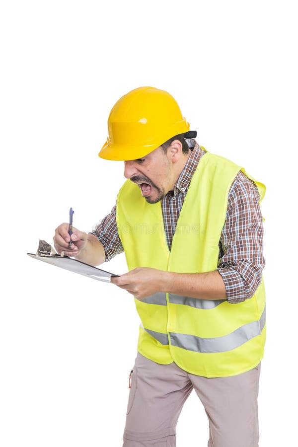 Panicking Male Engineer Taking Notes on Clipboard Stock Image - Image ...