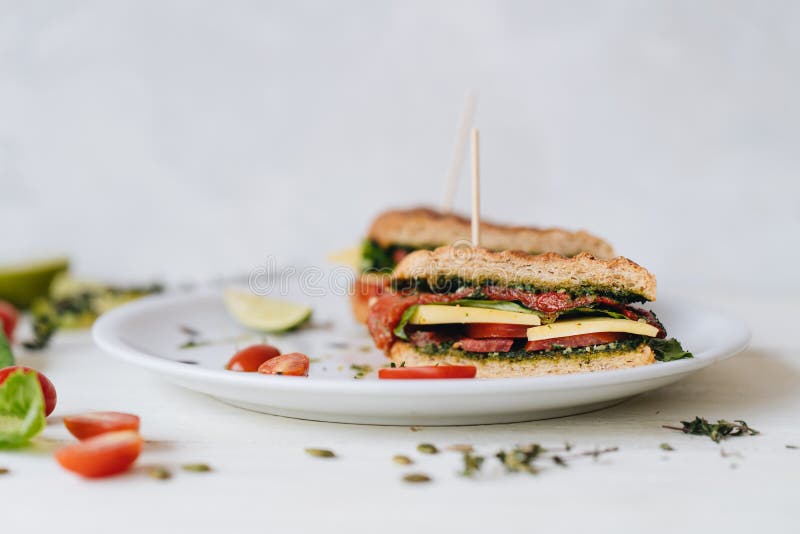 Panini with Cheese Paprika and Pesto on the White Plate on the White ...