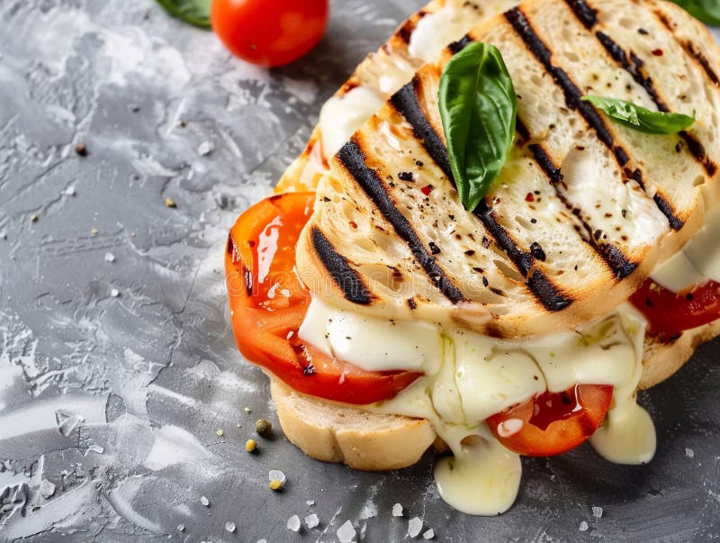 Panini Grilled Hot Sandwich with Mozzarella Cheese and Tomato with ...
