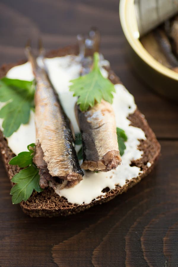 Panino con gli spratti fotografia stock. Immagine di girasole - 60968592