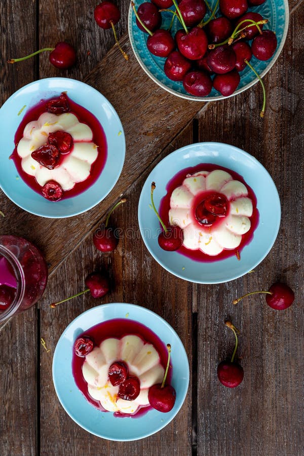 Panna cotta with cherries stock image. Image of cherry - 224339761