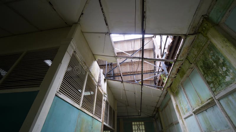 Panning Left the Broken Ceiling in Dilapidated Mansion Stock Footage ...