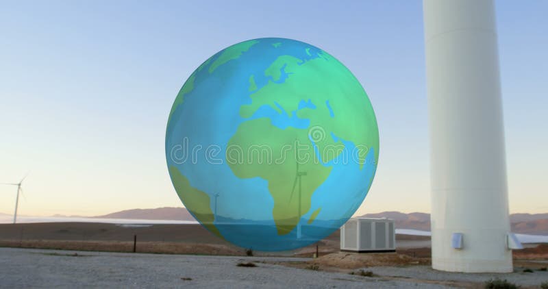 Panning View of Wind Turbines and World Globe Rotating and Pulsating ...