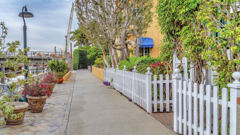 Pano Narrow Walkway in Front of Homes Lined with Potted Plants Trees ... Pano Narrow Walkway in Front of Homes Lined with Potted Plants Trees ...