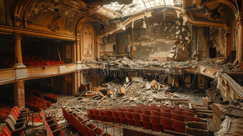 Panorama of an Abandoned Theater with Destroyed Ceiling. Consequences ...