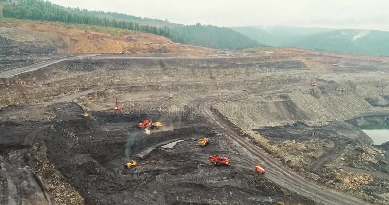 Panorama Aerial View Shot, Open Pit Mine, Coal Mining, Dumpers ...