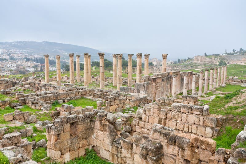 Panorama of Ancient City Gerasa and Modern Jerash Stock Image - Image ...