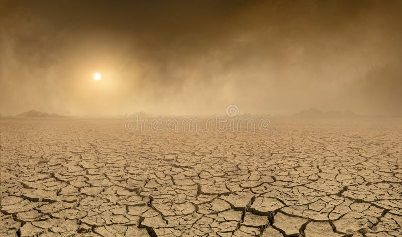 Panorama of Arid Barren Land with Cracked Soil and Sun Barely Visible ...