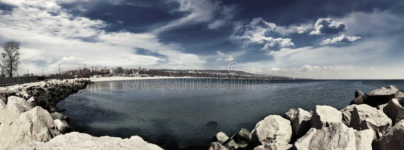 Panorama Beach 4 Monochrome Stock Image - Image of recreation, clouds ...