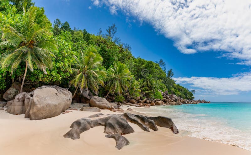 Panorama of Beach Anse Georgette, Praslin, Seychelles Stock Image ...