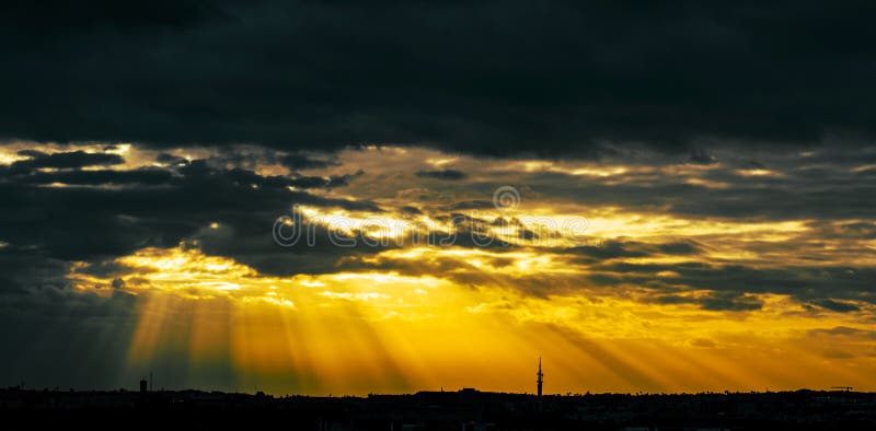 Panorama of a Beautiful Stormy Sunset Over the City in Dramatic Colors ...