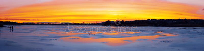 Panorama of the Beautifull Sunset Over the Icy River Stock Photo ...