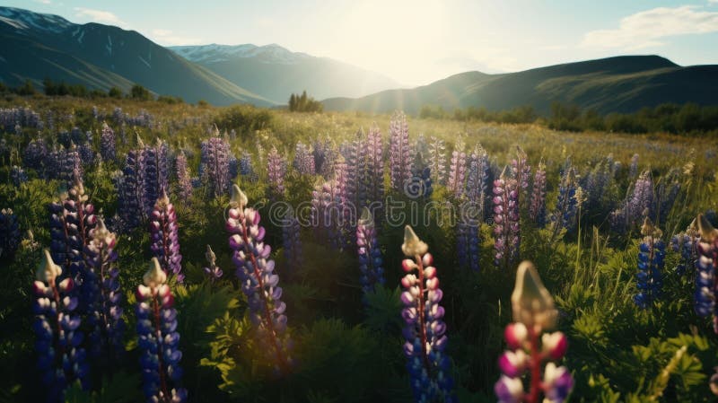 Panorama of Blooming Lupines on a Mountain Meadow in the Light of the ...