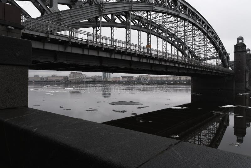 Panorama on a Bridge Over the River in the City, View from the Bottom ...