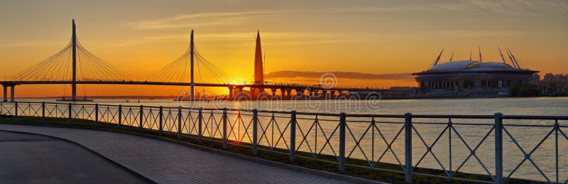 Panorama Cable-stayed Bridge and Stadium in St. Petersburg Stock Image ...