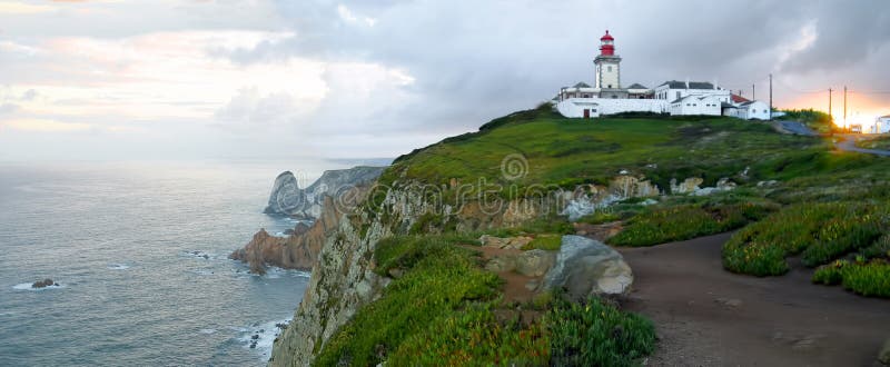 Panorama of Capo Da Roca Lighthouse in Portugal at Sunrise Stock Image ...