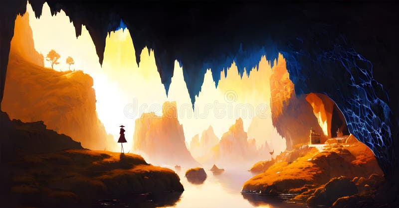 Panorama of a Cave Dungeon Hidden Inside a Mountain, Sunlight Breaks ...