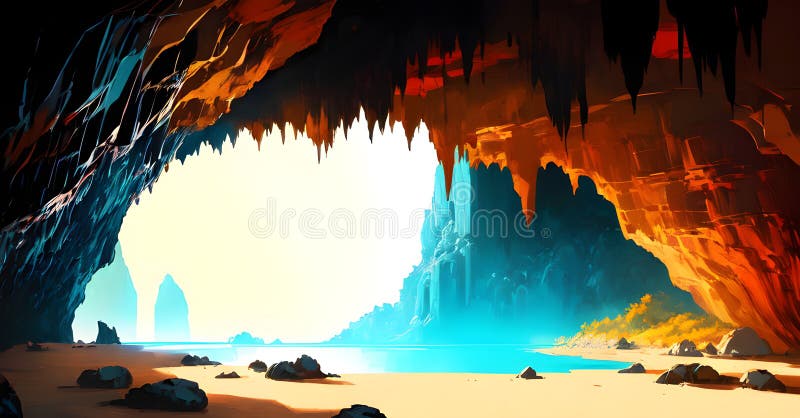 Panorama of a Cave Dungeon Hidden Inside a Mountain, Sunlight Breaks ...