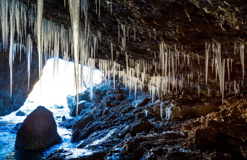 Panorama of the Cave with Ice Stalactites Stock Photo - Image of lines ...