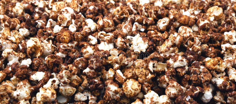 Panorama of Chocolate Popcorn. Stock Image - Image of format, light ...