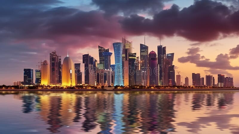 Panorama of the City Center of Doha, during a Cloudy Sunset, Generative ...