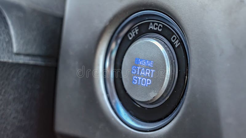 Panorama Close Up View of an Engine Push Start and Stop Button Inside a ...