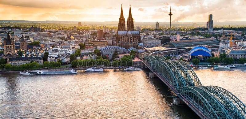 Aerial View Cologne Over the Rhine River with Cruise Ship in Col Stock ...