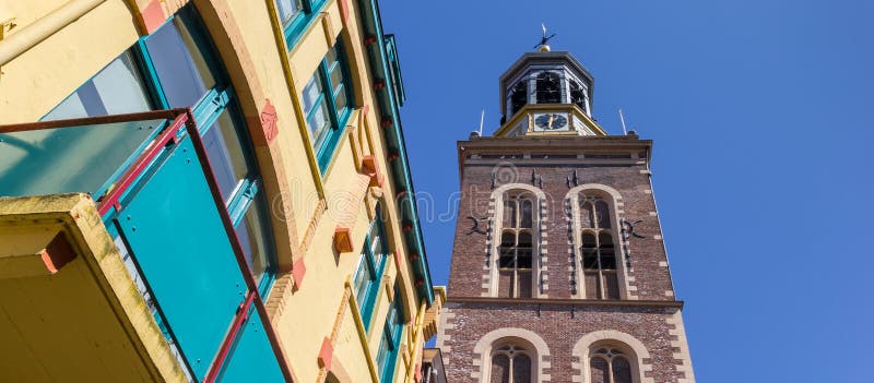 Panorama of a Colorful House and Belfry in Kampen Stock Image - Image ...