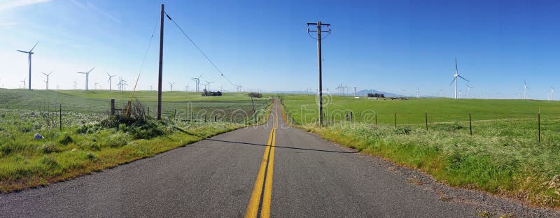 Panorama of a Country Road with Wind Turbines on Either Side. Stock ...