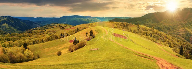 Panorama of a Countryside in Mountains at Sunset Stock Image - Image of ...