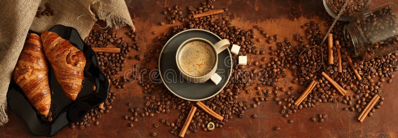 Panorama with a Cup of Coffee, Coffee Beans and Croissants in Retro ...