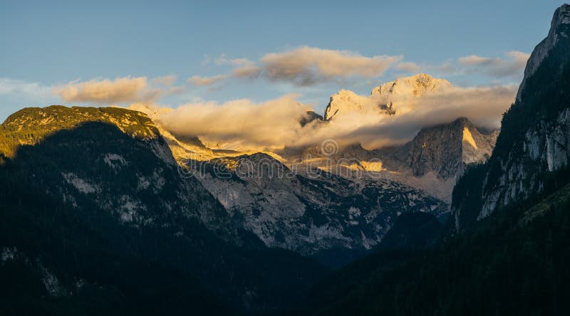 Panorama of Dachstein Mountains in Sunset Light, Austria Stock Image ...