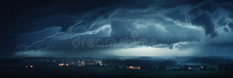 Panorama Dark Cloud at Night with Thunder Bolt. Heavy Storm Bringing ...