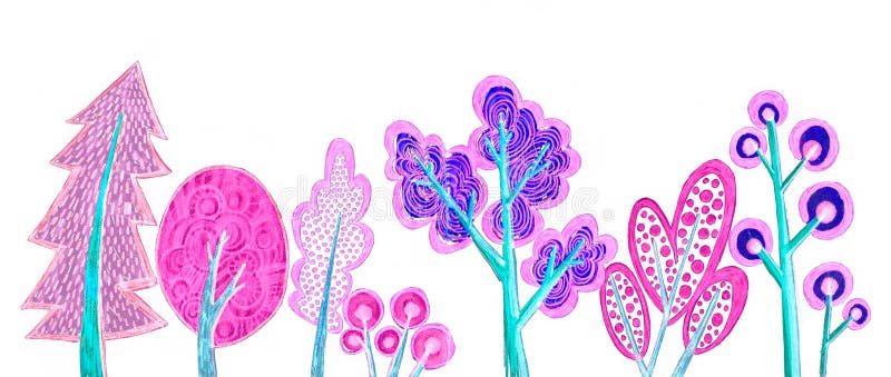 Panorama of Decorative Trees in Doodle Style. Isolated on White ...