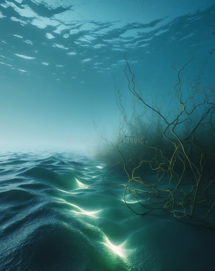 Panorama of Deep Sea Underwater Scene with Volume Lights. Stock Photo ...