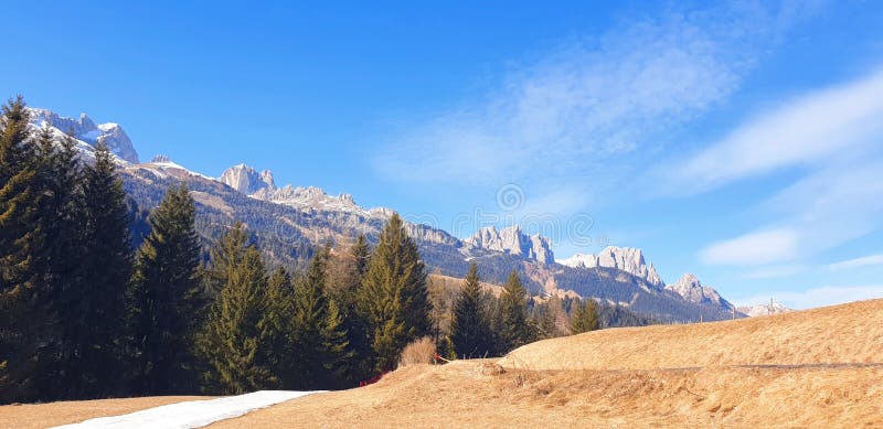 Panorama of Dolomites Mountain Landscape in Moena, Italy. Stock Photo ...