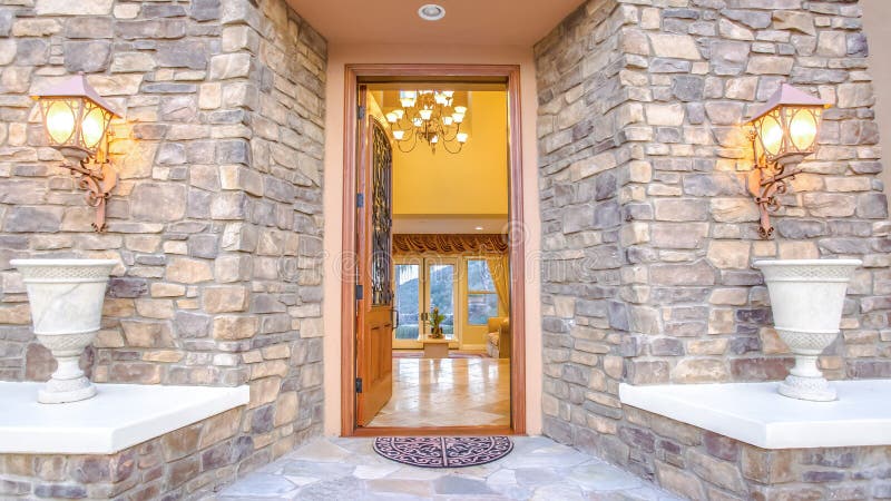Panorama Wide Open Front Door Looking at Chandlier Stock Photo - Image ...