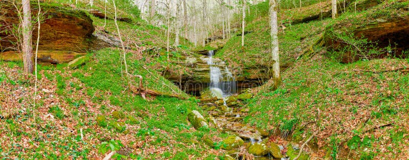 Panorama of a Double Waterfall in Early Spring Stock Photo - Image of ...