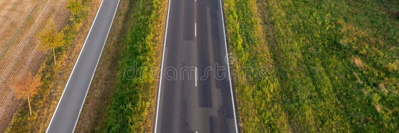 Panorama. Empty Asphalt Road and Bike Lane between Fields from Above ...