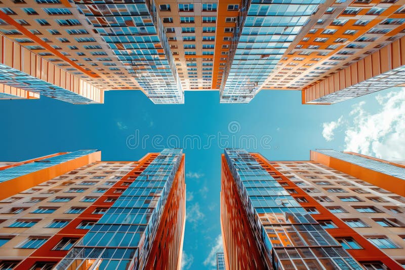 Panorama Facade of a Multi-storey Modern House, Bottom View Stock Photo ...