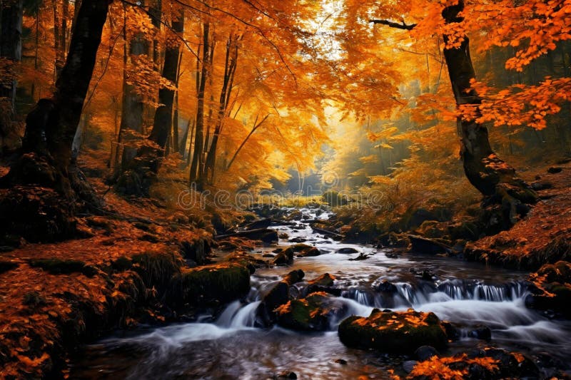 A Falling Autumn Forest with a Lot of Red Foliage and a Fast Cold ...