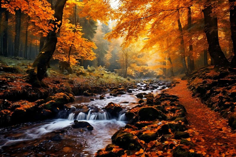 A Falling Autumn Forest with a Lot of Red Foliage and a Fast Cold ...