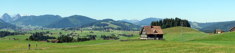 Panorama of Farm House and Green Pasture Stock Photo - Image of house ...