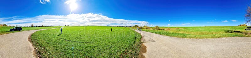 Panorama of the Field, Children Walk in the Sunny Field Stock Photo ...