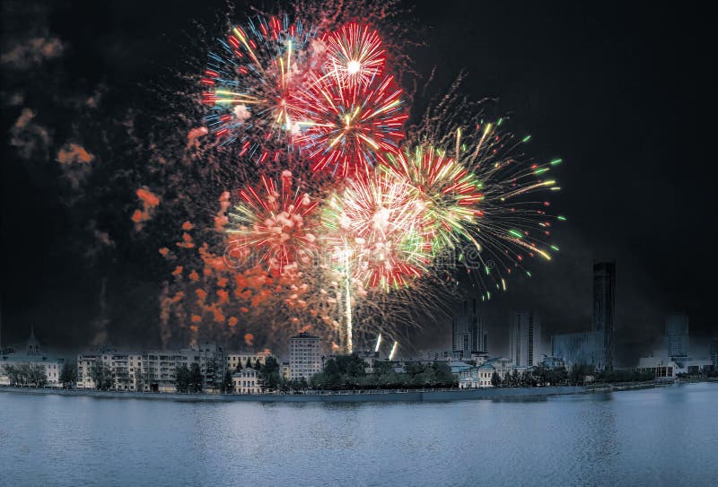 Panorama, Fireworks Over the City Pond Stock Image - Image of city ...