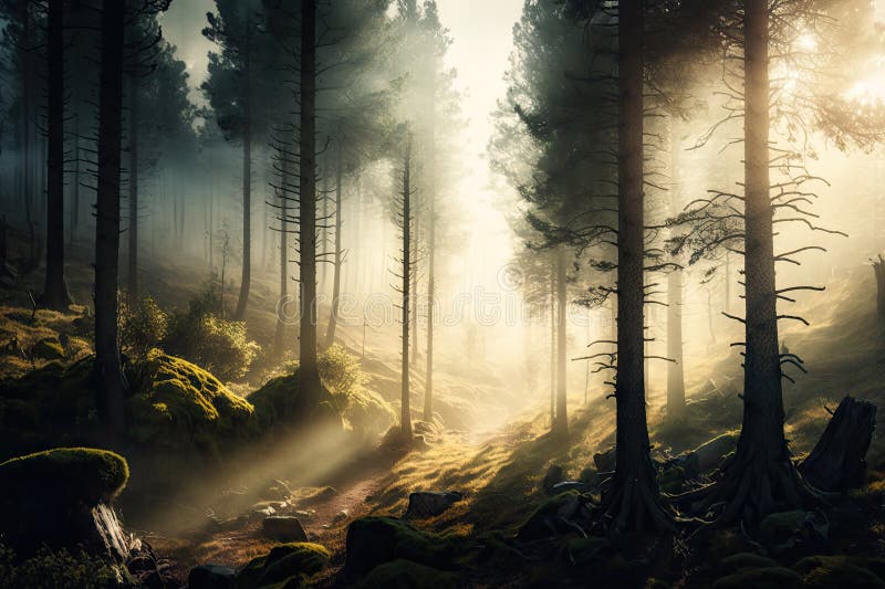 Panorama of Forest with Misty Morning Light Stock Illustration ...